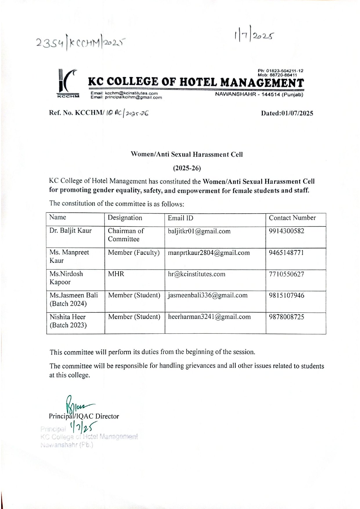 Women Cell : KC College of Hotel Management, Nawanshahr